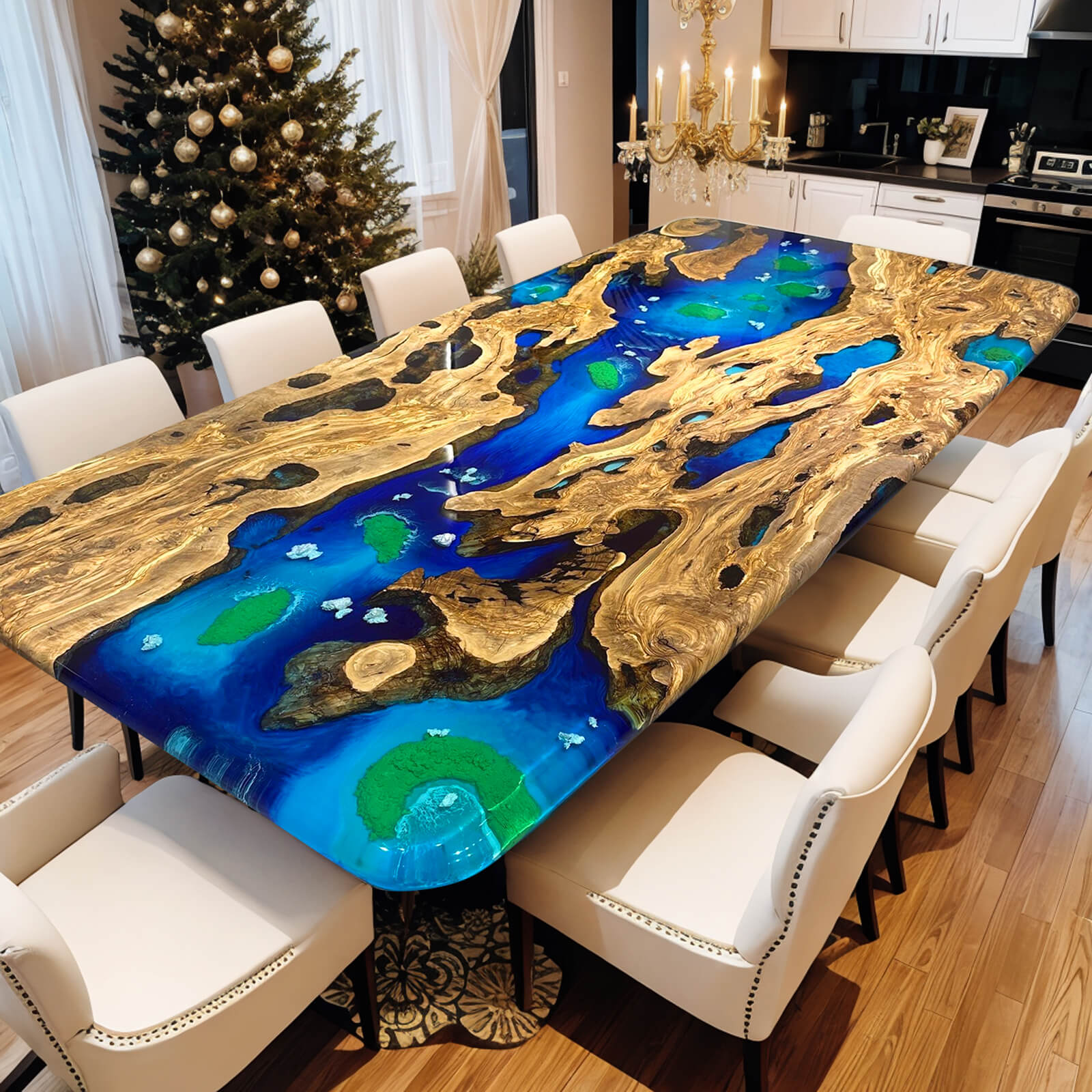 Custom Olive Epoxy Resin River Table Blue Waves YTR-47