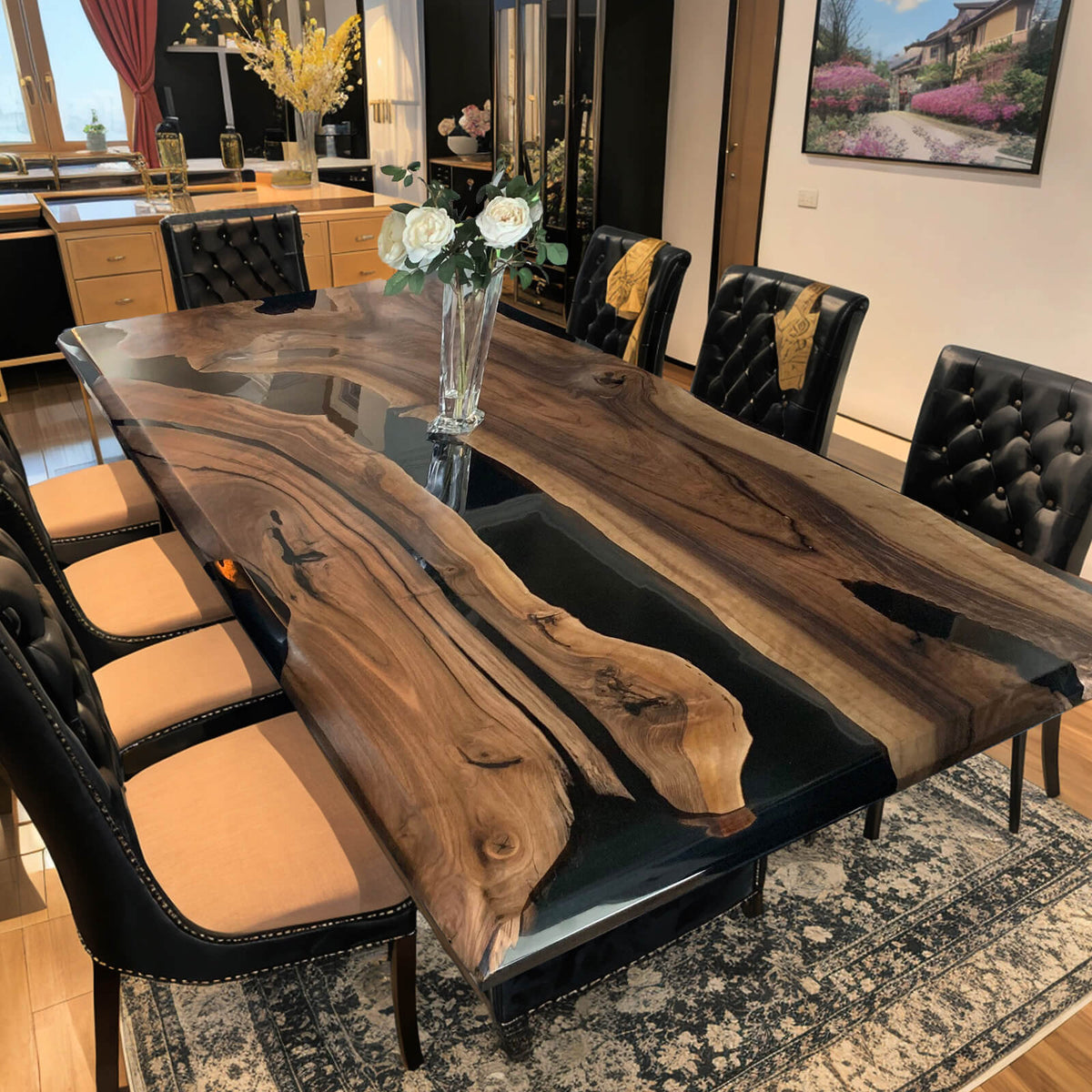 Custom Black Walnut Epoxy Resin River Table Black Resin ERT-50