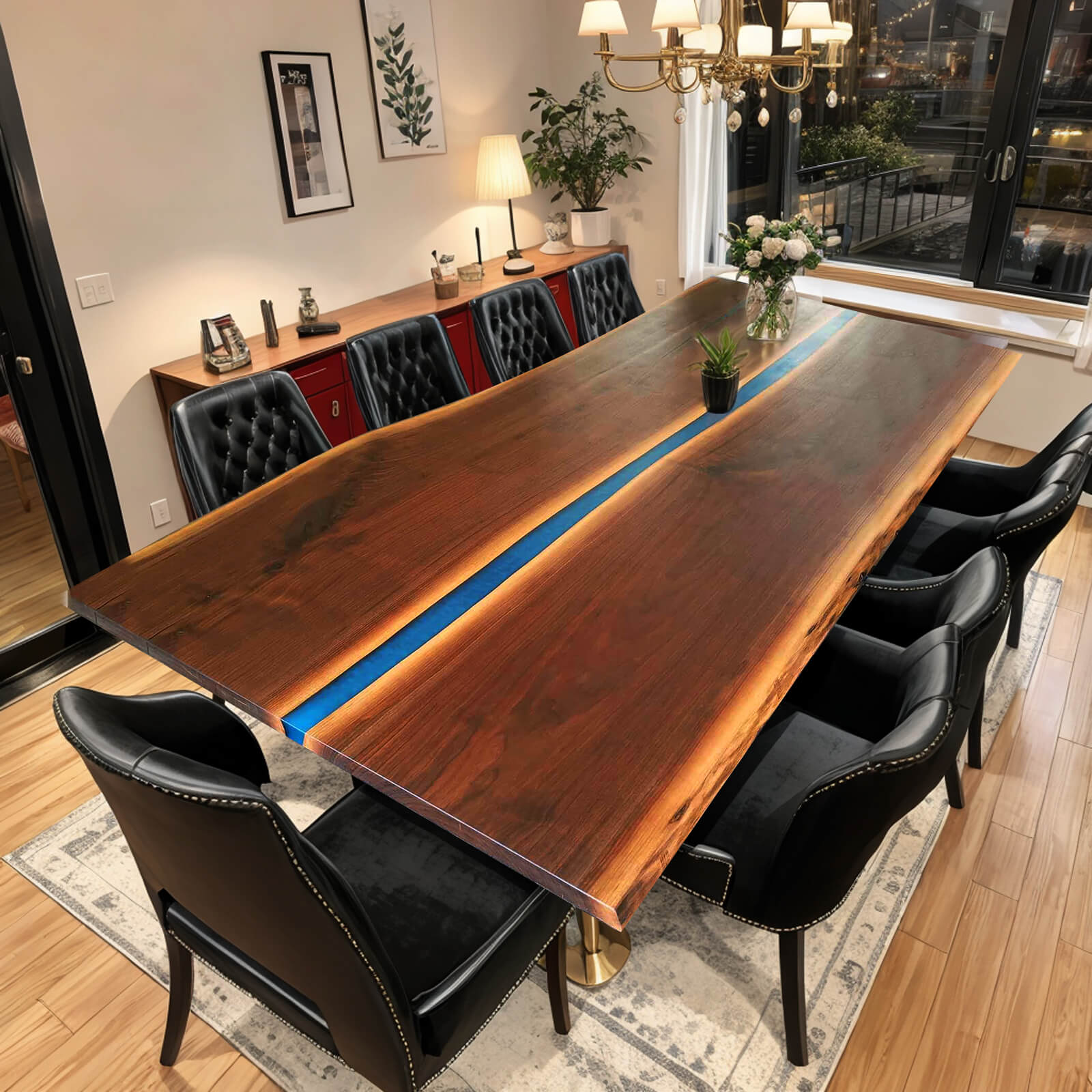 Custom Black Walnut Epoxy Resin River Table Blue Resin ERT-34