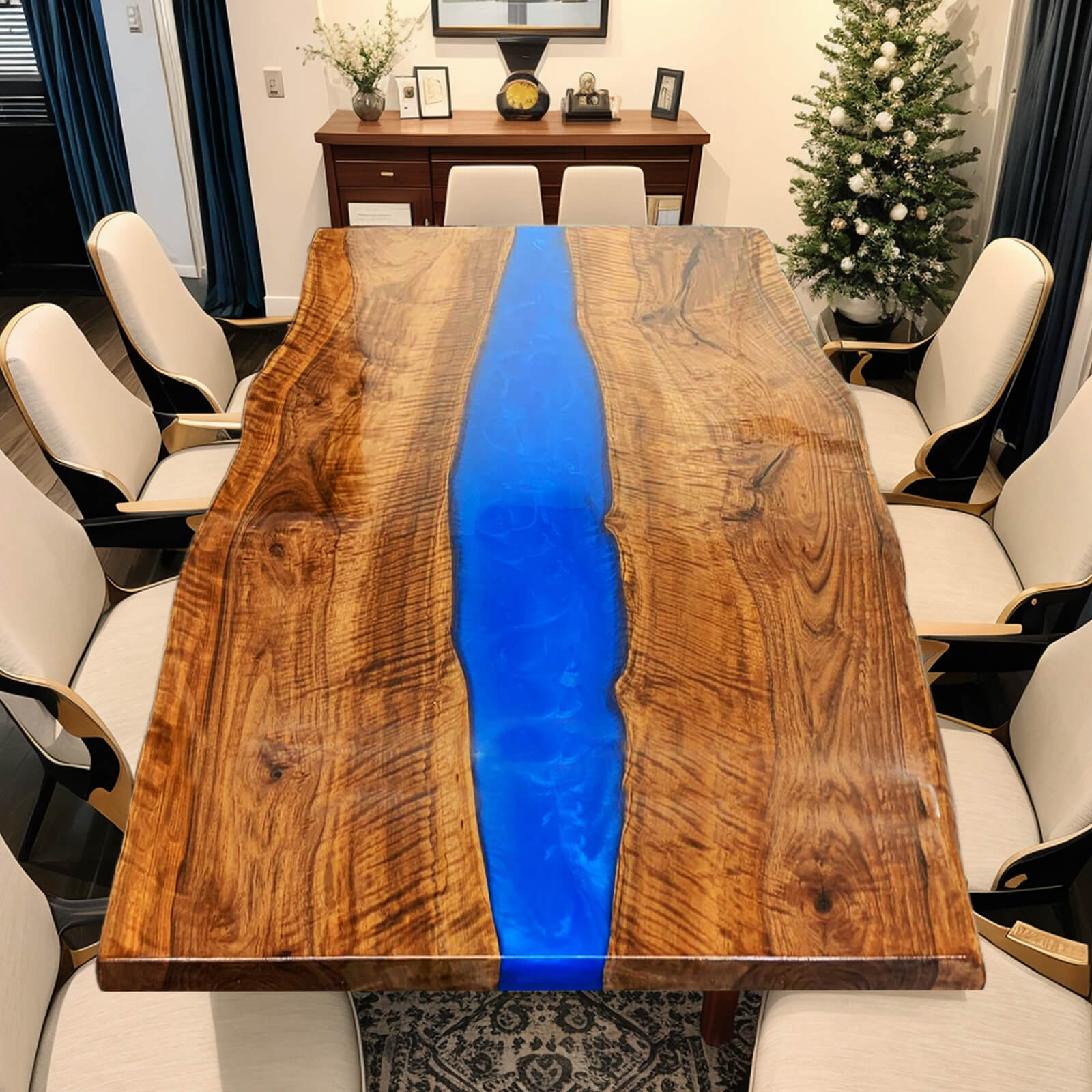 Custom Black Walnut Epoxy Resin River Table Blue Resin HRT-52