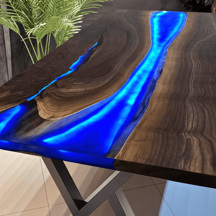 Custom Black Walnut Epoxy Resin River Table Blue Resin With Led Lights