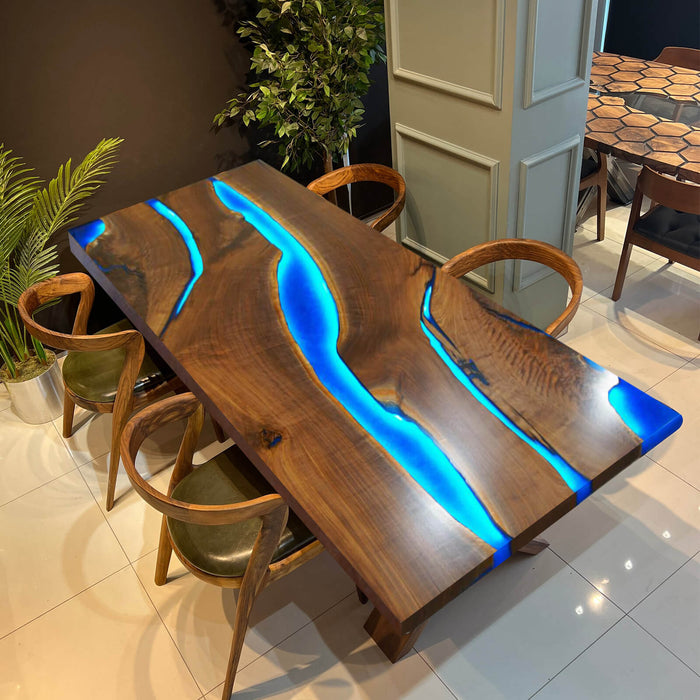 Custom Black Walnut Epoxy Resin River Table Blue Resin With Led Lights