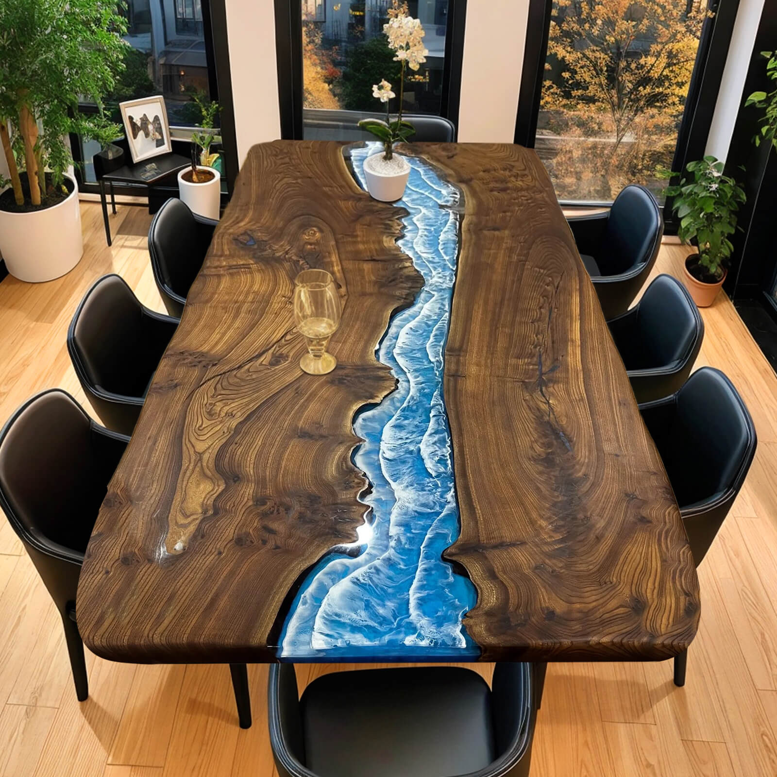 Custom Black Walnut Epoxy Resin River Table Blue Waves ERD-64