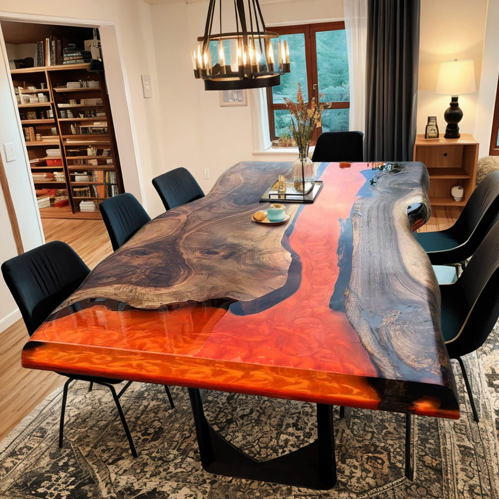 Custom Black Walnut Epoxy Resin River Table Orange Resin HRT-23