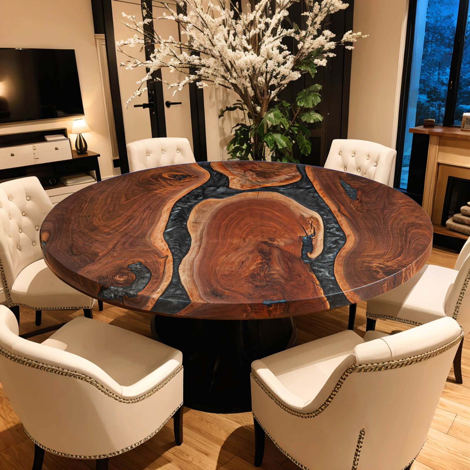 Custom Black Walnut Epoxy Resin Round Coffee Table Grey Resin MTR-92