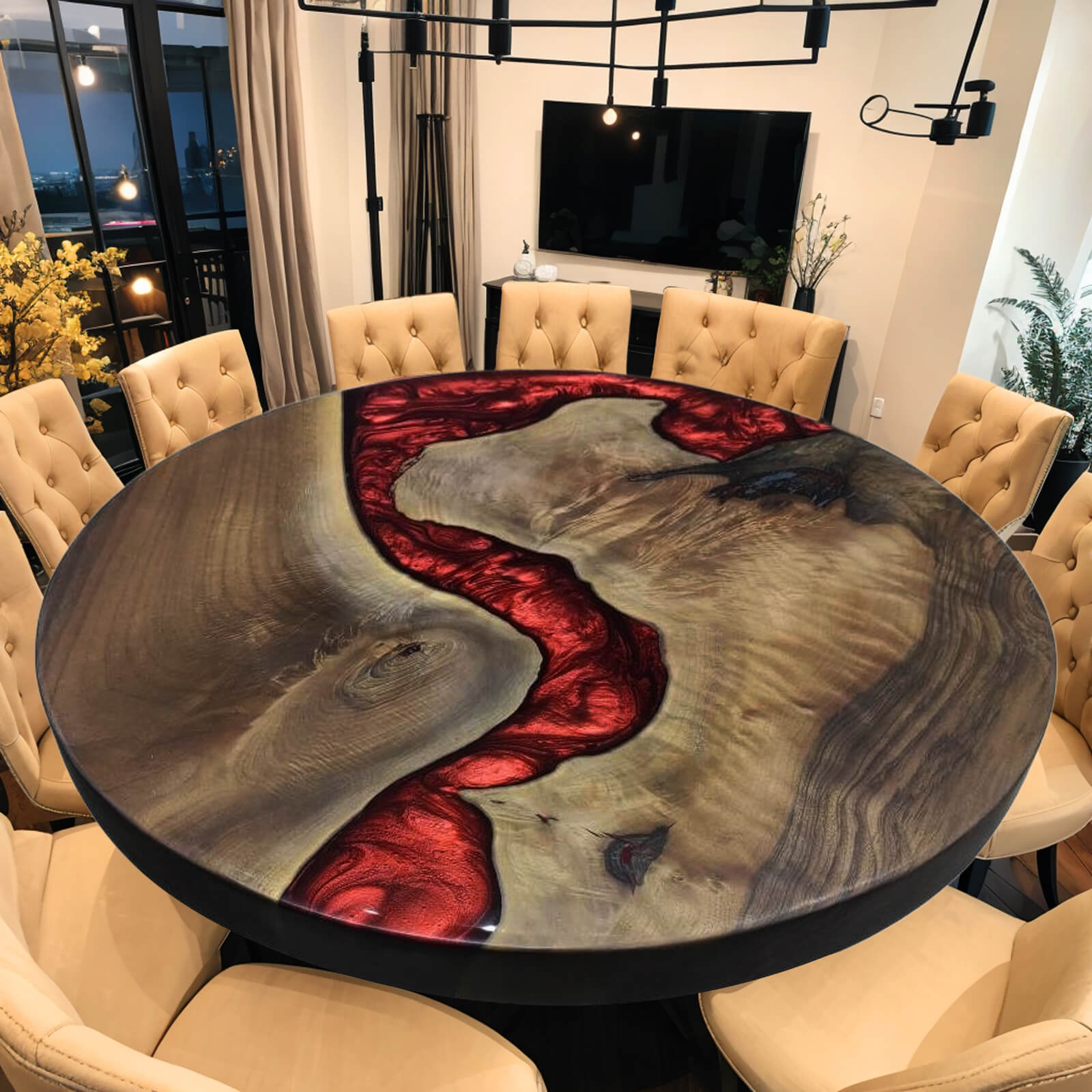 Custom Black Walnut Epoxy Resin Round Coffee Table Red Resin RWT-82