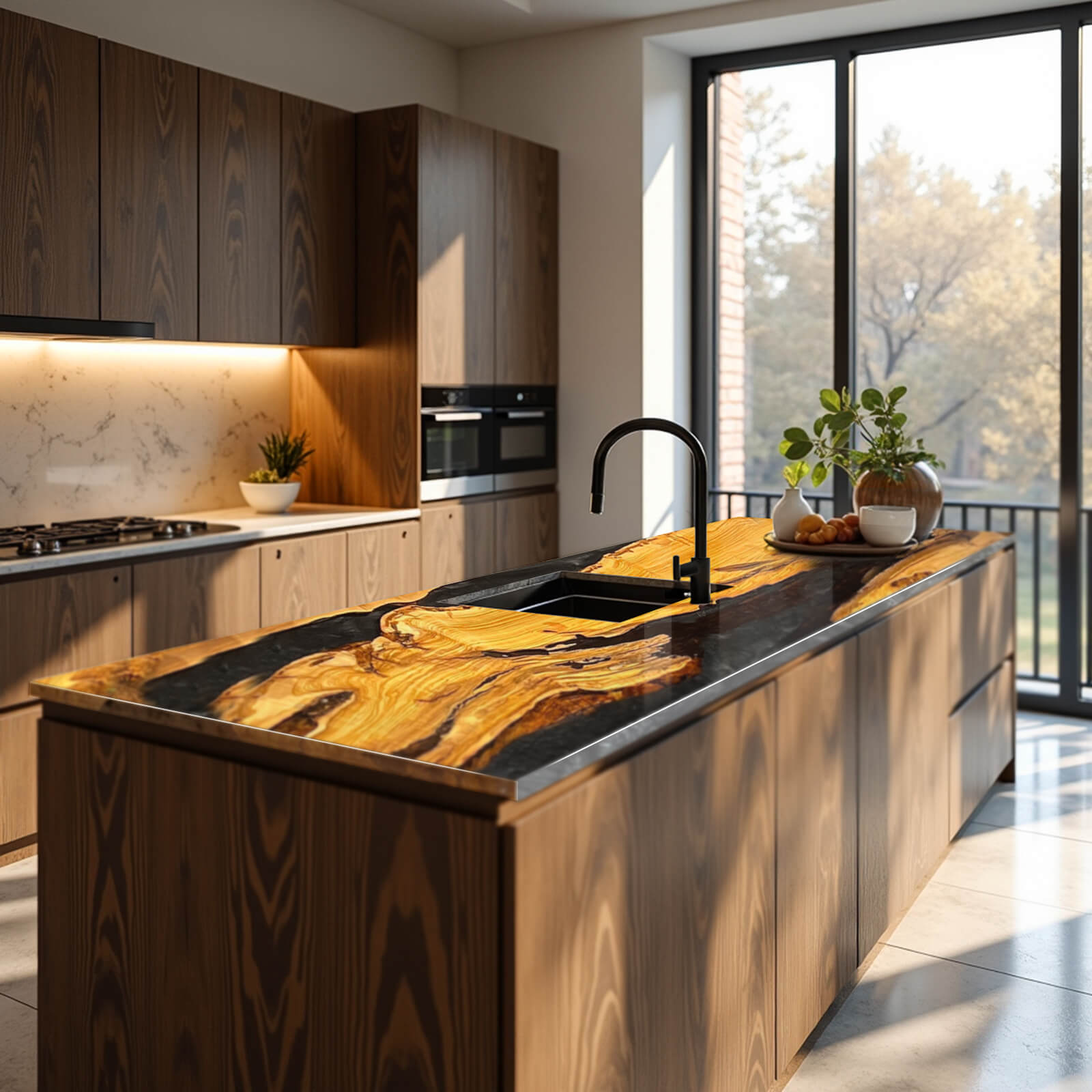 Custom Olive Epoxy Resin River Kitchen Countertop Black Resin OZT-94