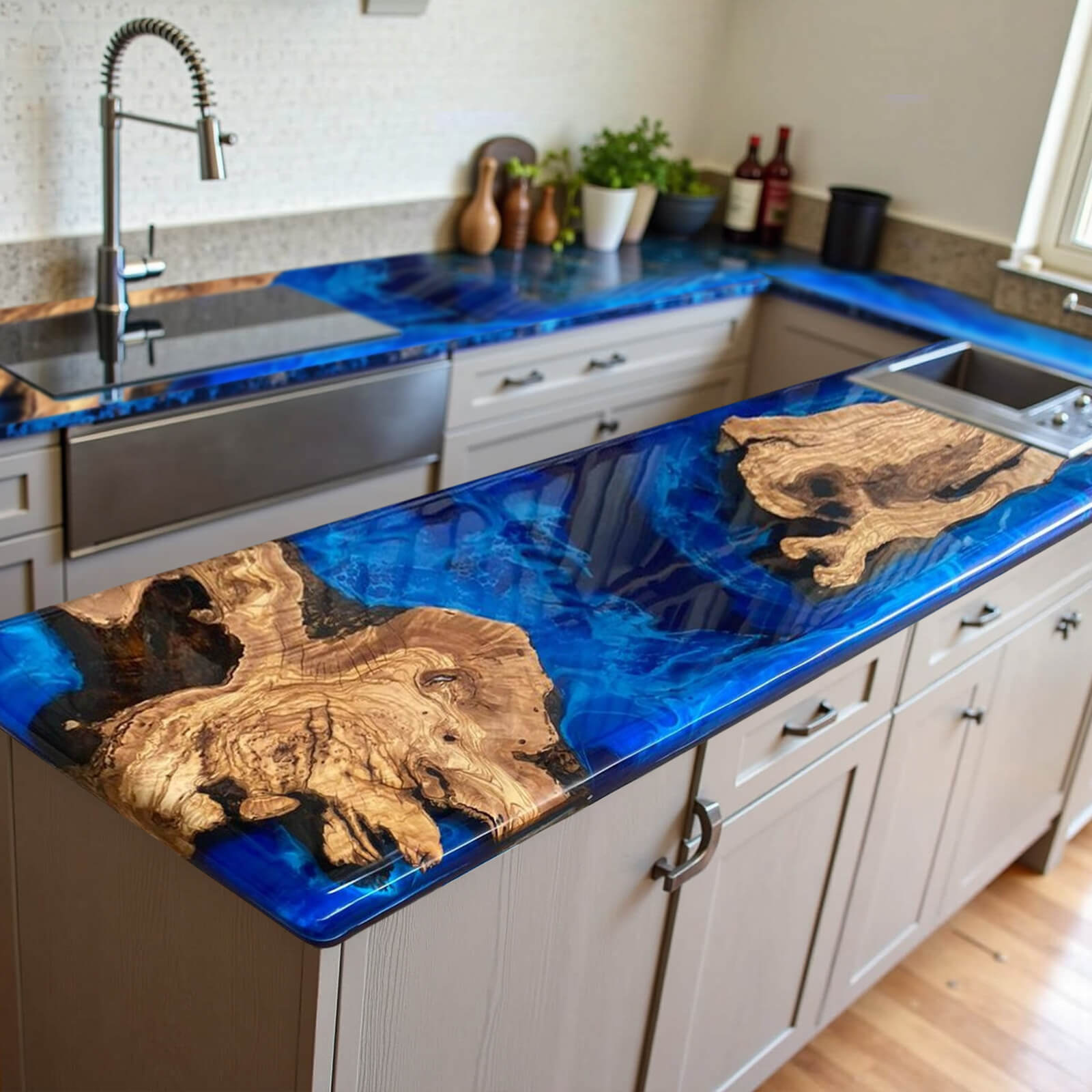 Custom Olive Epoxy Resin River Kitchen Countertop Blue Resin KKT-01