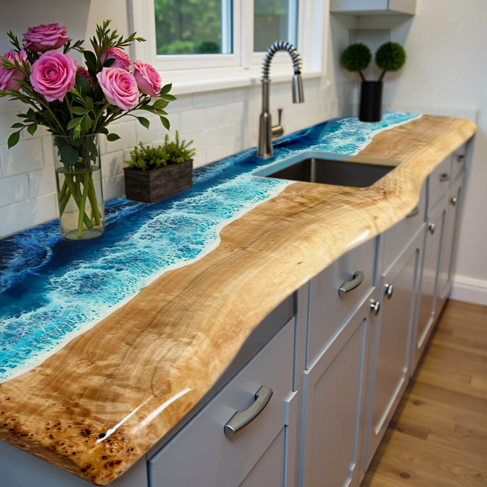 Custom Poplar Epoxy Resin River Kitchen Countertop Blue Waves ORT-33