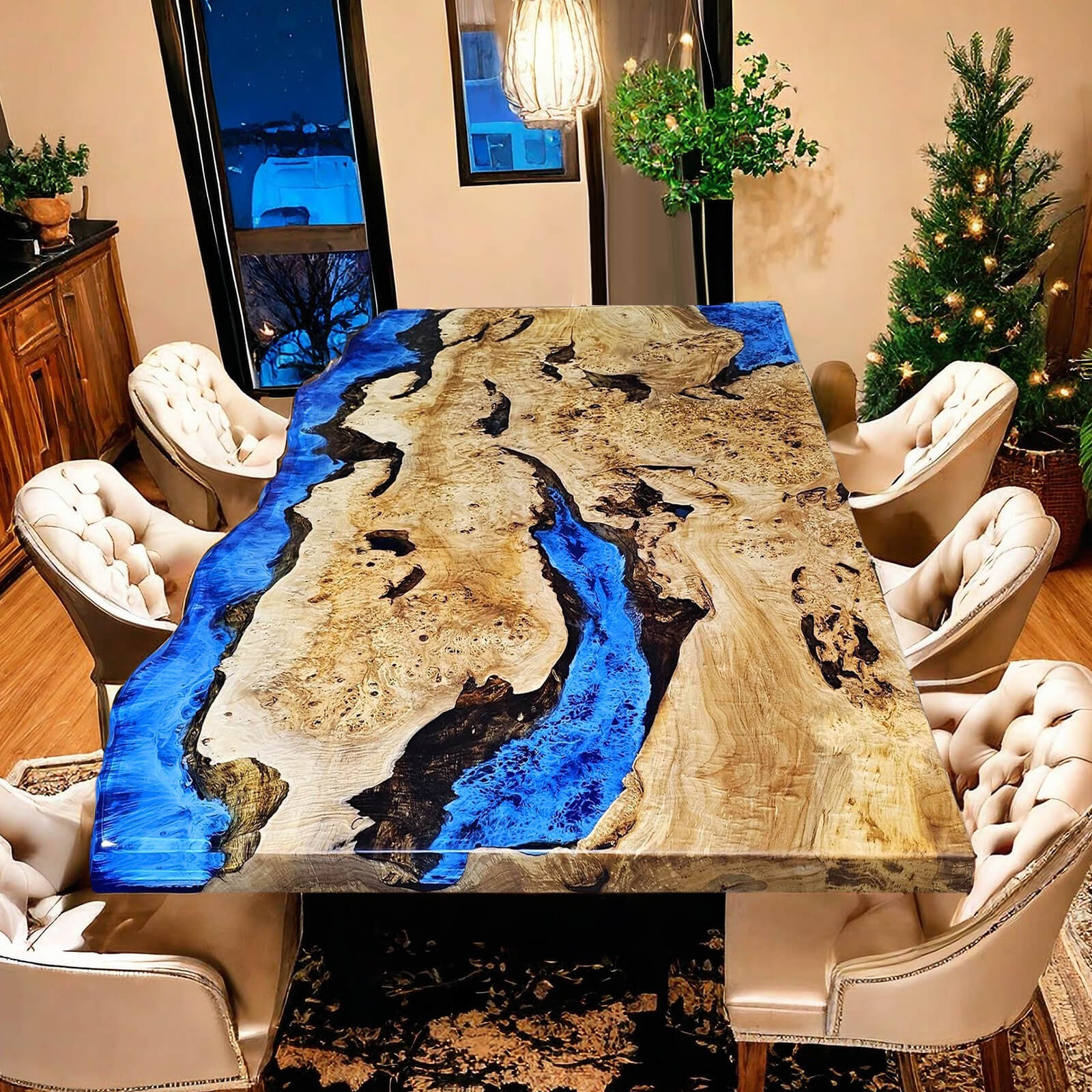 Custom Poplar Epoxy Resin River Table Blue Waves PRT-72