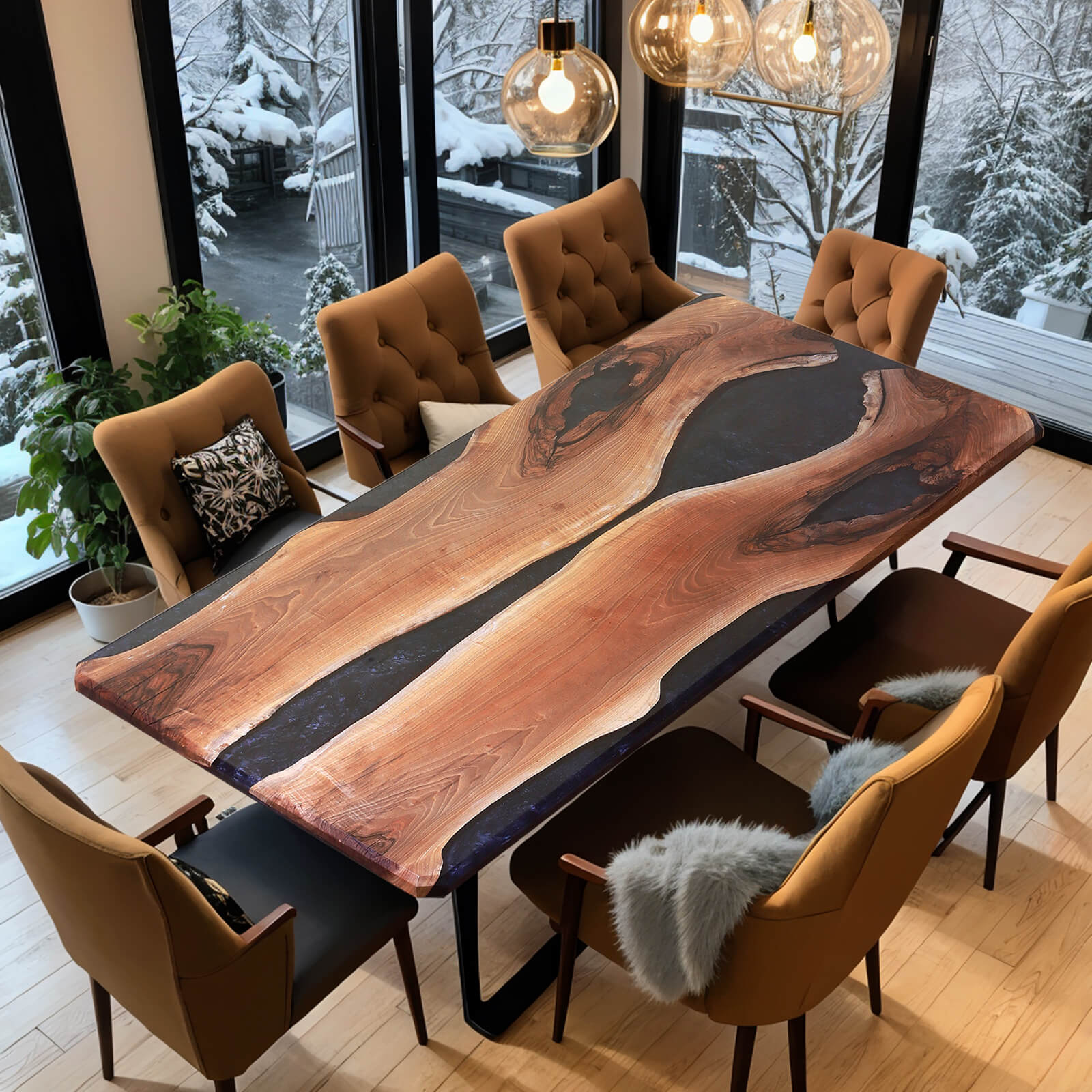 Custom Walnut Epoxy Resin River Table Black Resin GRT-45