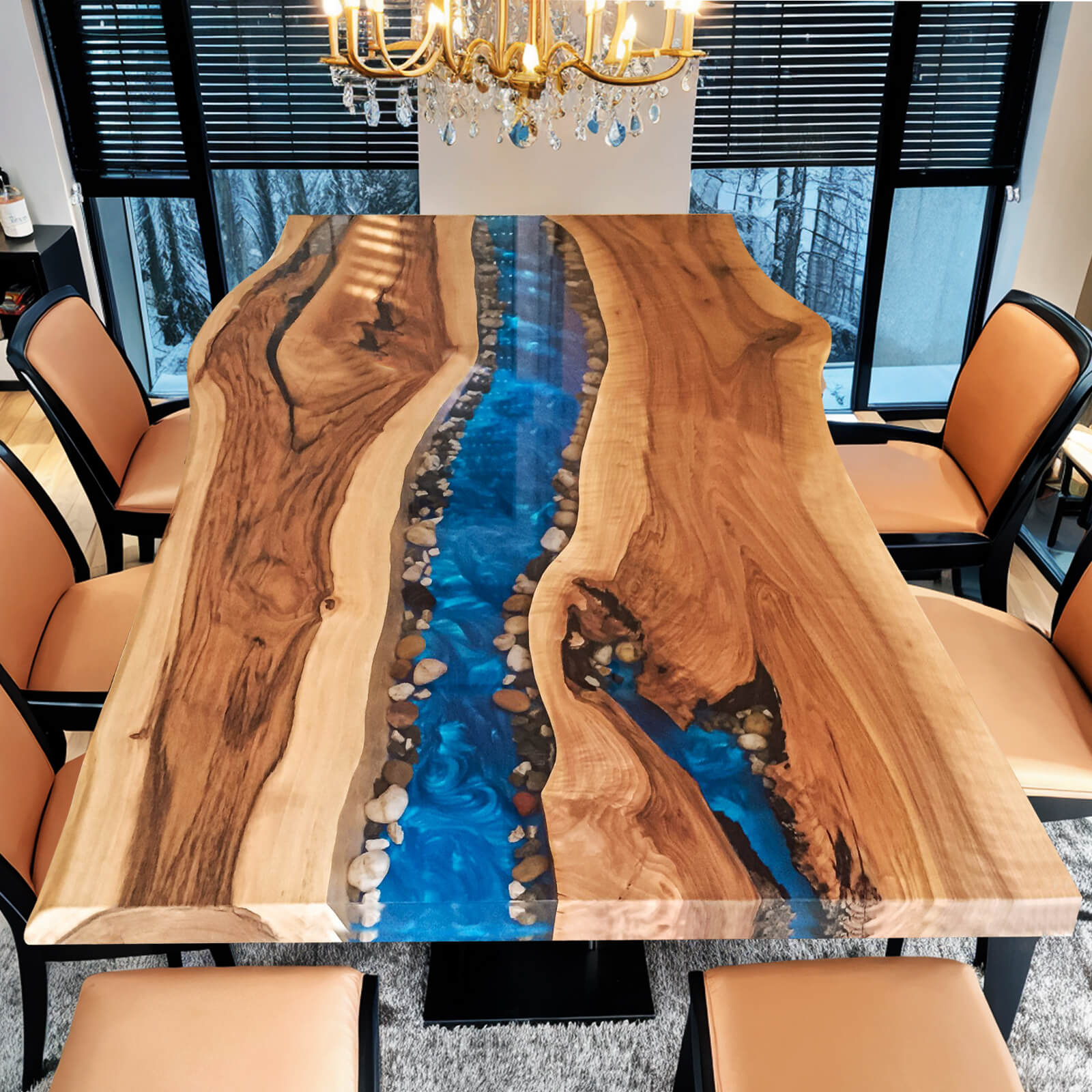Custom Walnut Epoxy Resin River Table Blue Resin RST-78