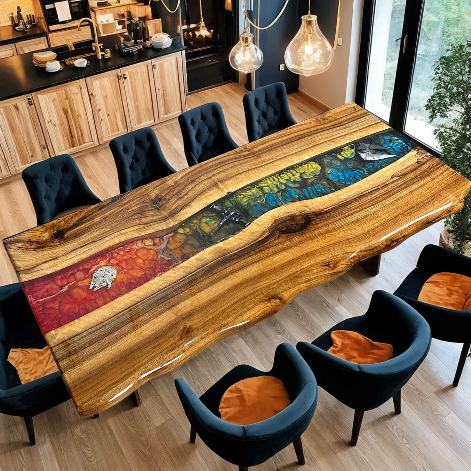 Custom Walnut Epoxy Resin River Table Colorful Resin ORT-38