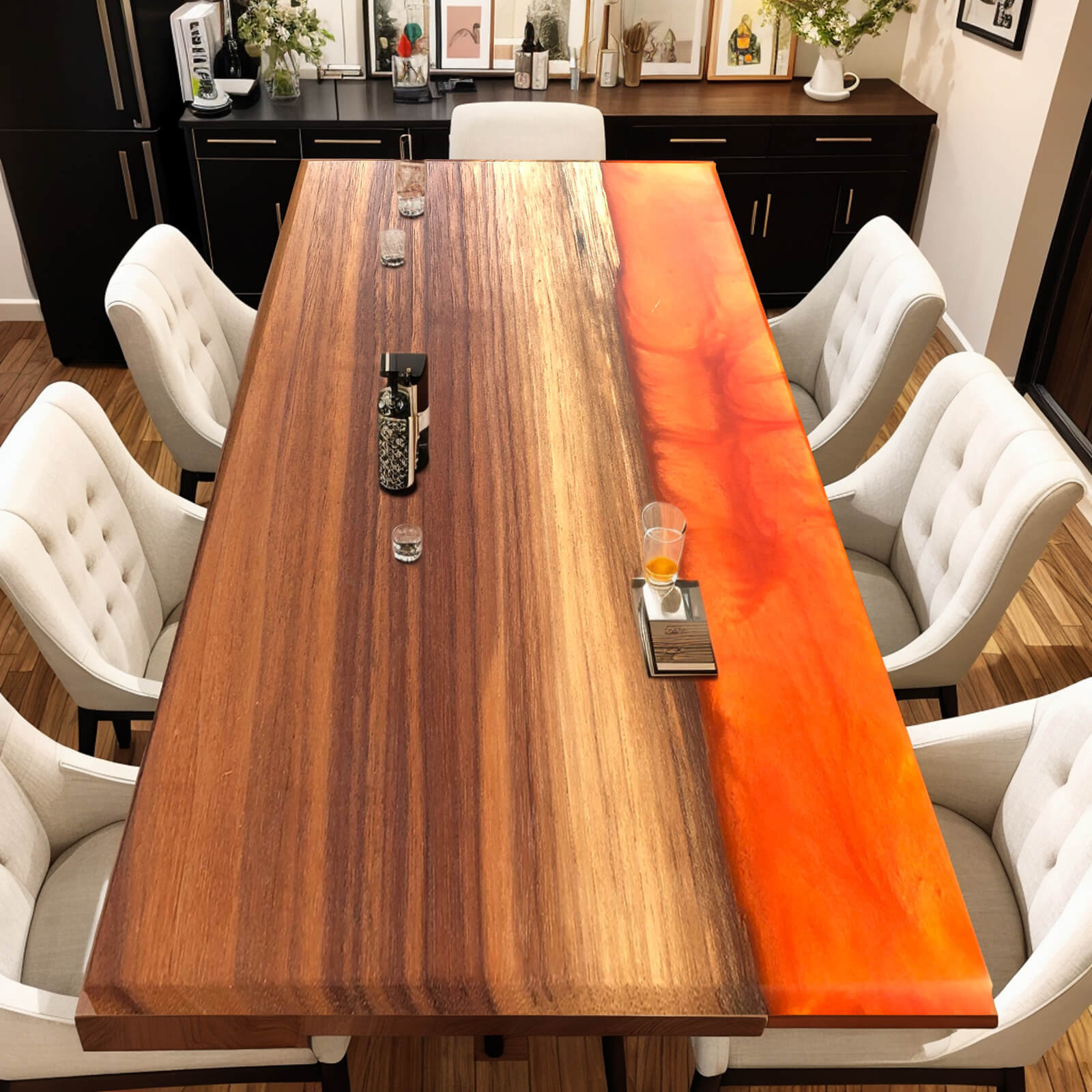 Custom Walnut Epoxy Resin River Table Orange Resin OGG-29