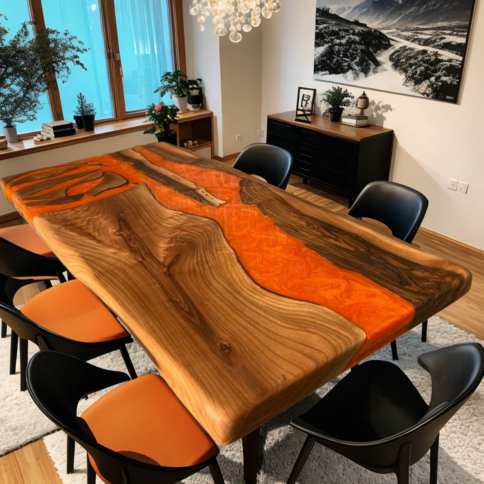 Custom Walnut Epoxy Resin River Table Orange Resin WET-72