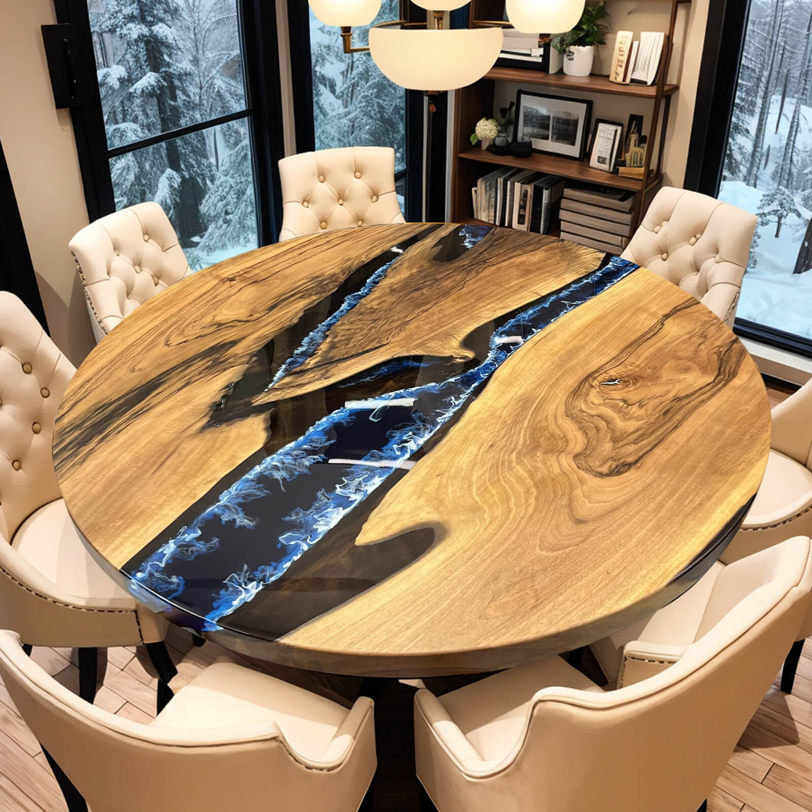 Custom Walnut Epoxy Resin Round Coffee Table Blue Ocean ERV-23