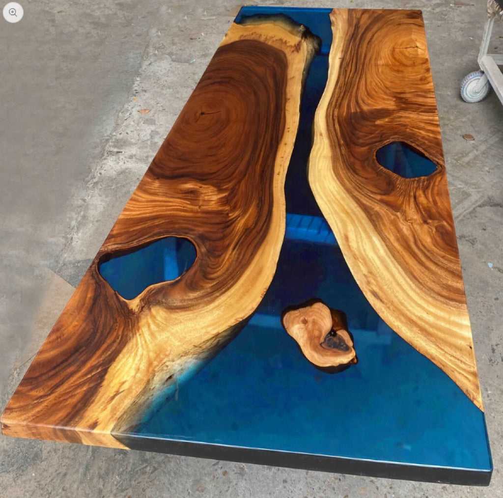 Custom Walnut Epoxy Transparent Navy Blue Table 69'' x 40'' $2856.42 t